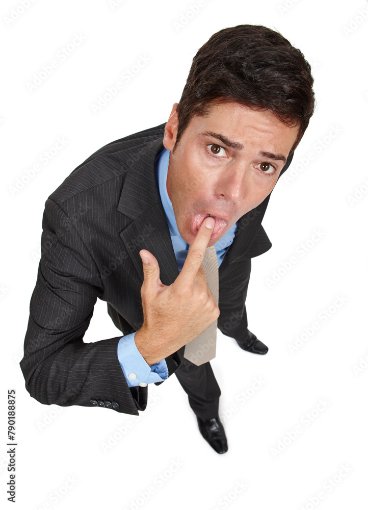 Portrait, businessman and gesture in disgust with gagging, disapproval ...