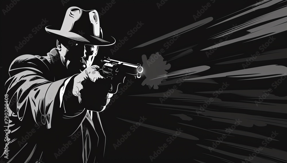 Design a vector graphic illustration of a spy character in a film noir ...