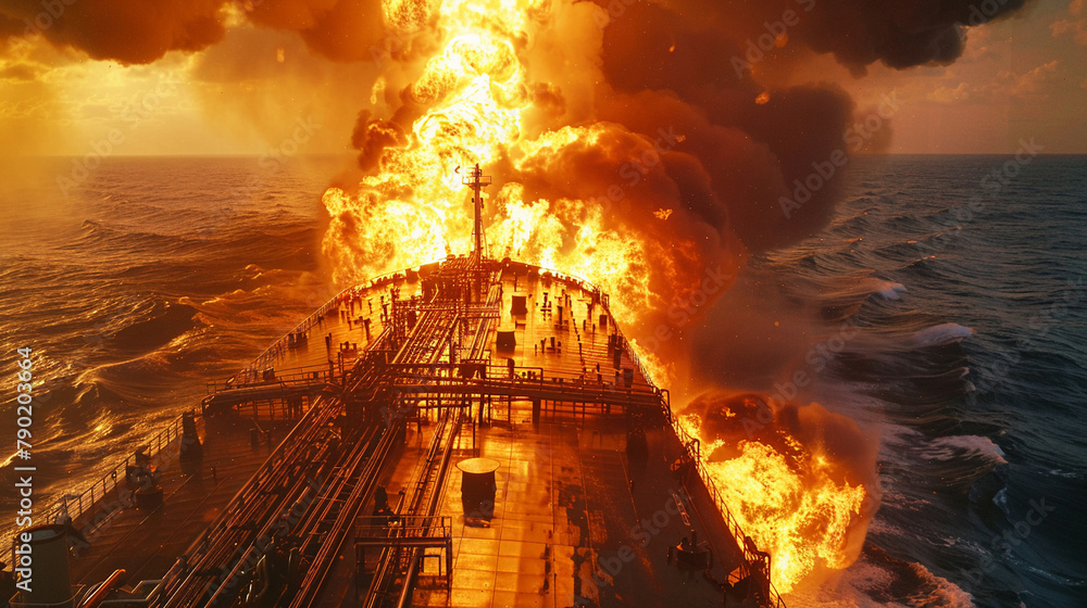 Fiery explosion on an oil tanker at sea vivid orange flames engulf the ...