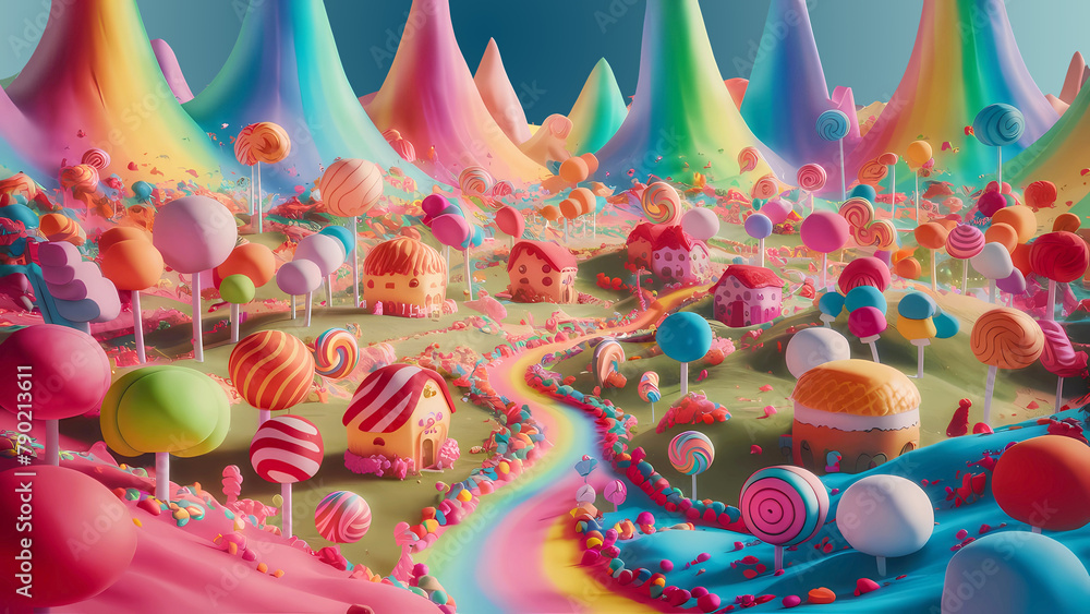 Paisaje mágico de Candyland: un 3D render lleno de coloridas montañas y ...