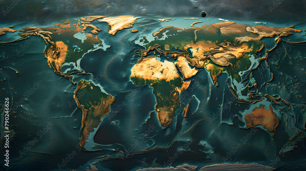 World map, Earth flat view from space. Physical map on global satellite ...