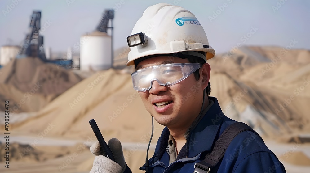 Industrial worker in safety gear communicating via radio at a mining ...