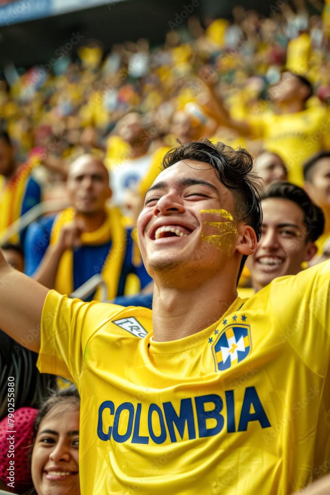 Colombian football soccer fans in a stadium supporting the national ...