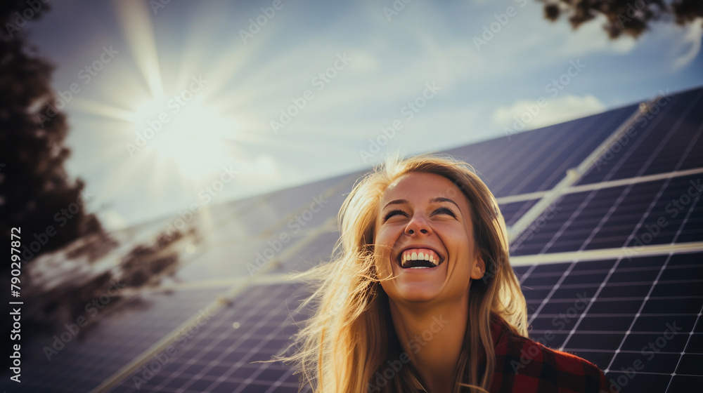 Happy young woman with blonde hair, laughing under the sun with solar ...