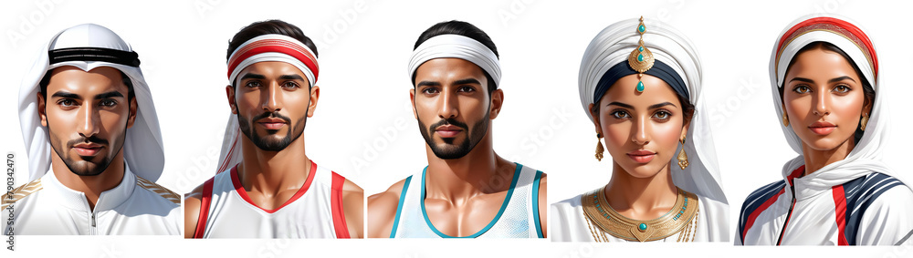 Set of five Middle Eastern characters in traditional and modern attire ...