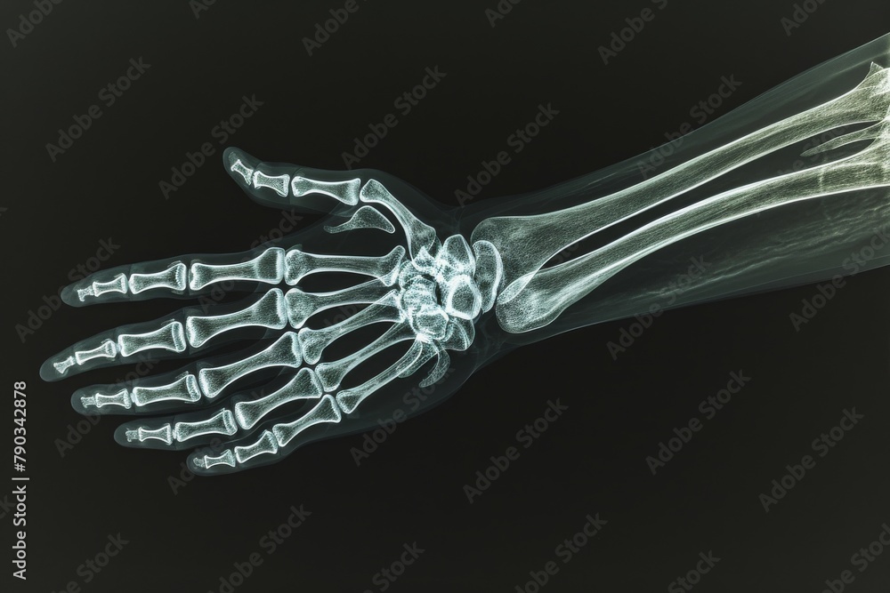 An x-ray image showing the skeletal structures of a human hand and ...