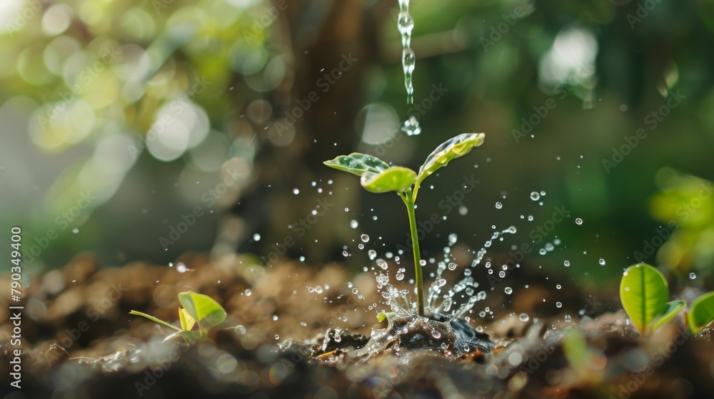 Water dripping on the seedling. New born plant. Planting the tree for ...