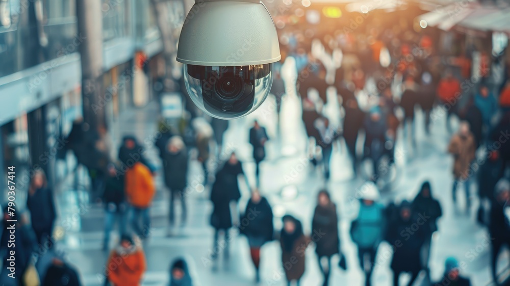 Illustration Stock Security camera overseeing busy mall area - A high-quality security camera ...