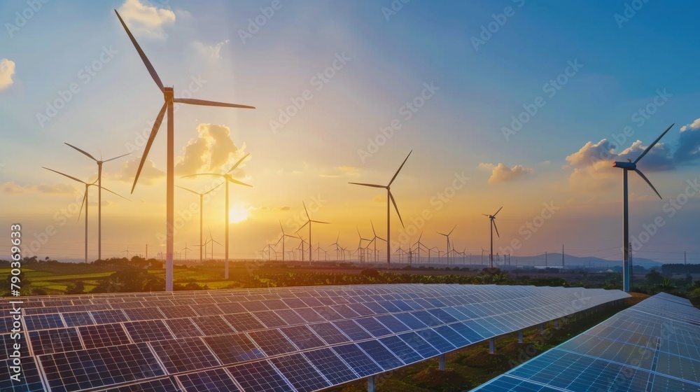 solar cell plant and wind generators under blue sky on sunset ...