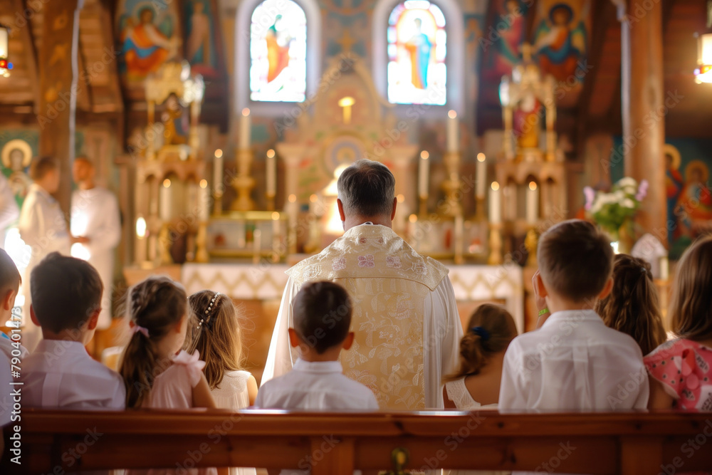 Priest leading a service for children Stock Photo | Adobe Stock