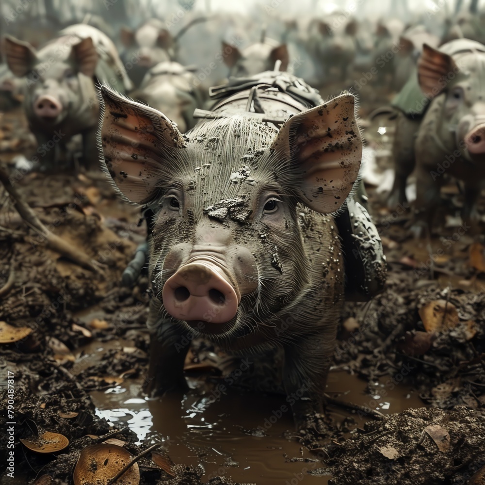 Ilustración de Stock Army of pigs in mud-camouflaged armor, war-torn ...