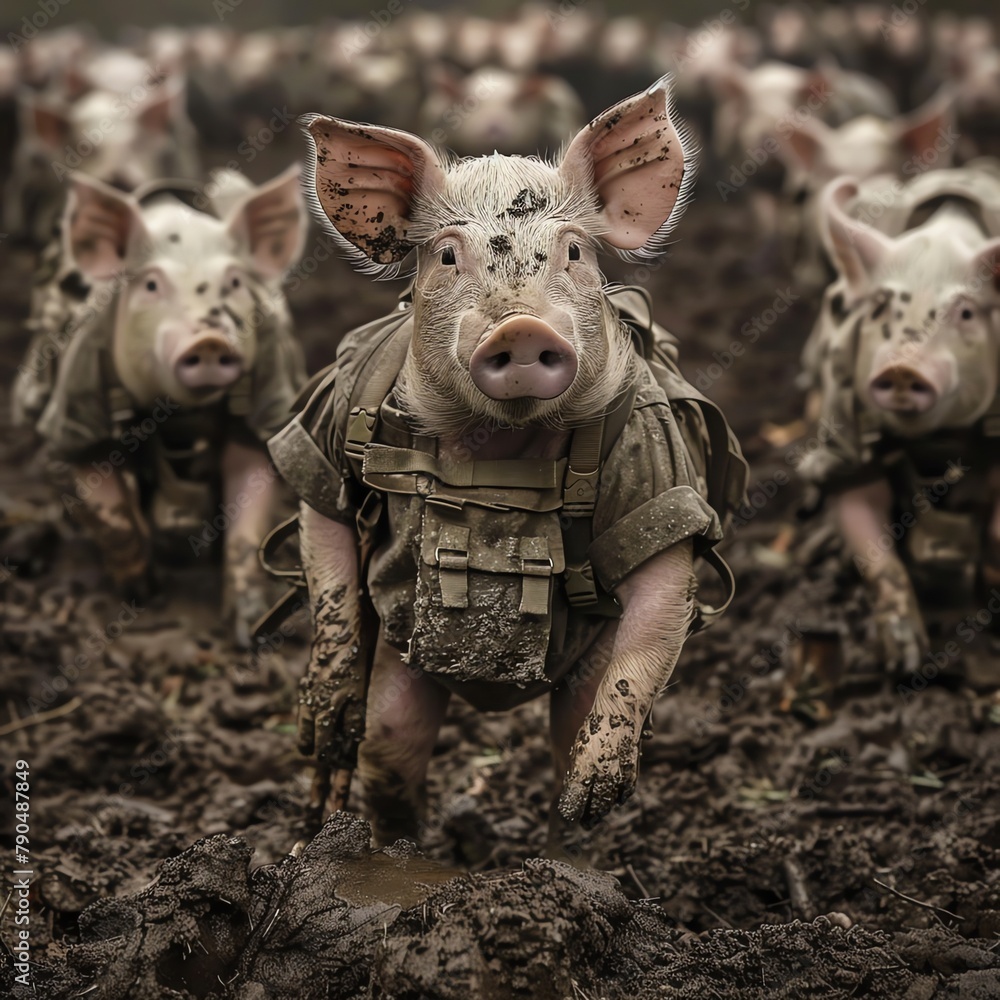 Army of pigs in mud-camouflaged armor, war-torn terrain, eye-level view ...