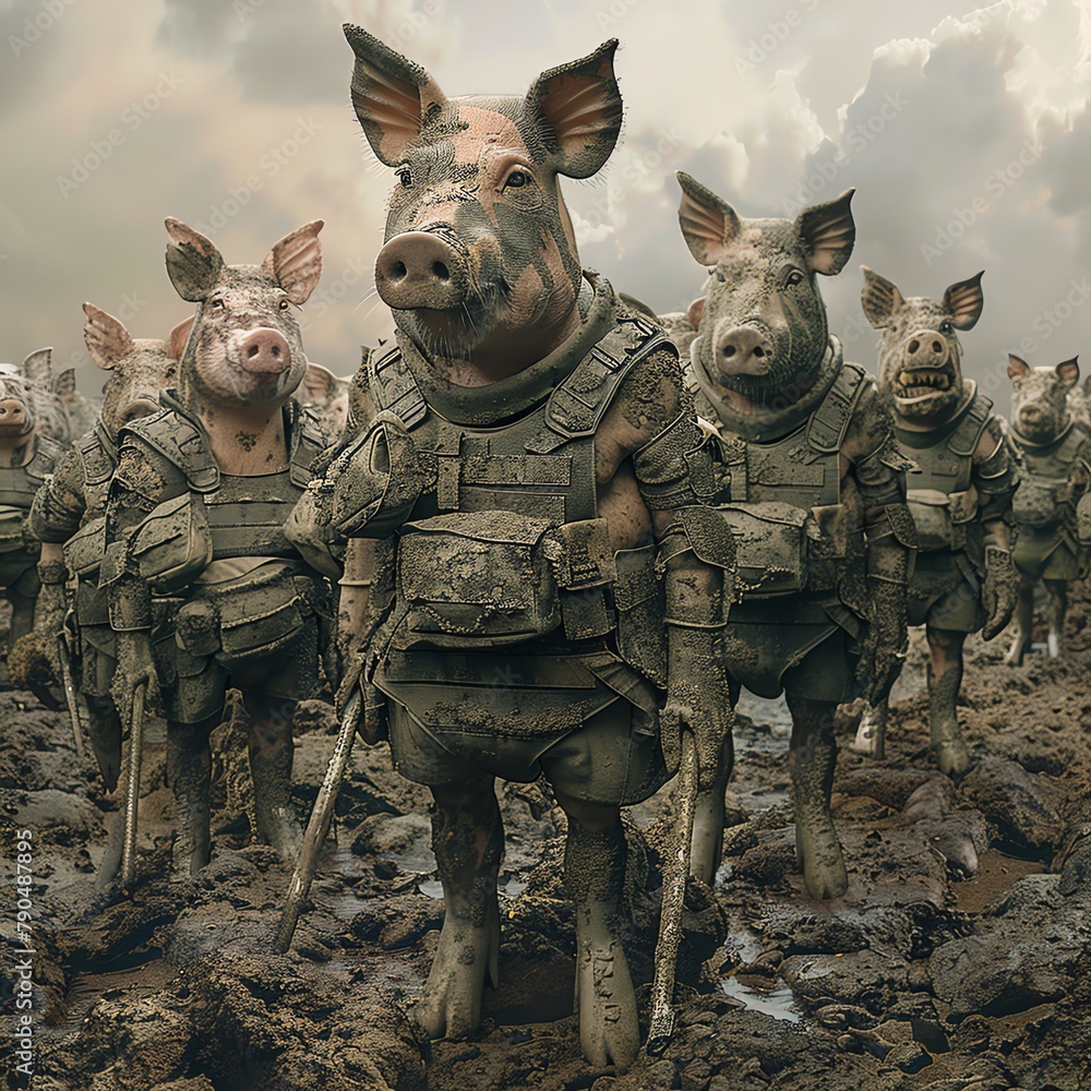 Army of pigs in mud-camouflaged armor, war-torn terrain, eye-level view ...