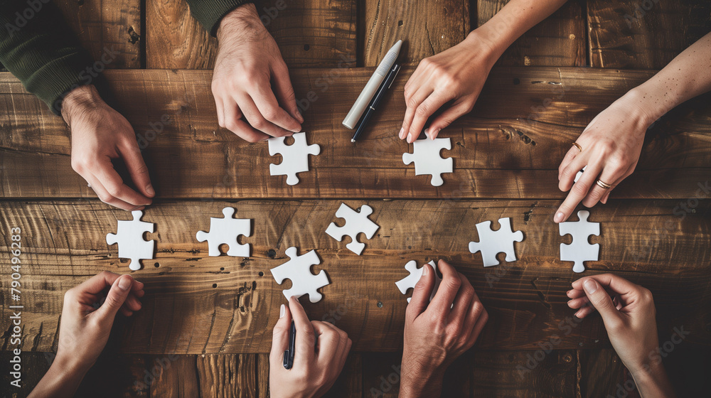 Diverse hands assemble puzzle on rustic table. Teamwork builds ...