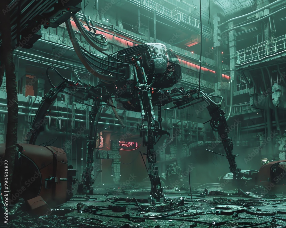Illustrate a terrifying scene of futuristic machines gone awry in a ...