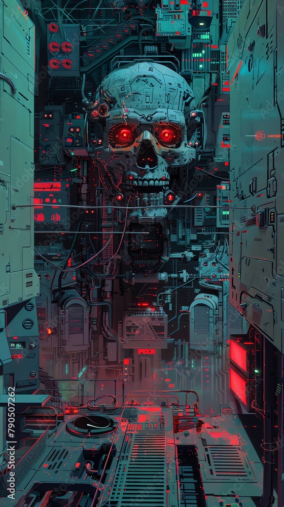 Produce a haunting yet mesmerizing depiction of a high-tech facility ...