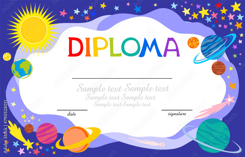 Сosmos with stars and planets. Education preschool concept. Certificate ...