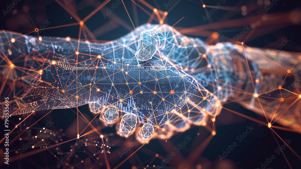 Visualization of a digital handshake, with lines and nodes coming ...