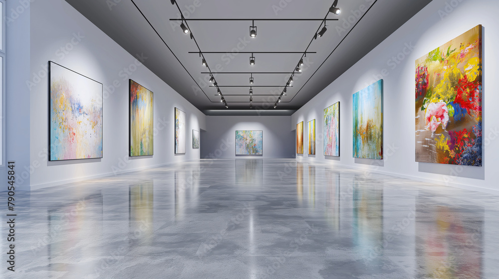 Beautiful paintings on minimalist white walls with lighting in a large ...