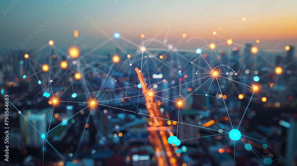Futuristic smart city with interconnected network nodes overlaying an ...