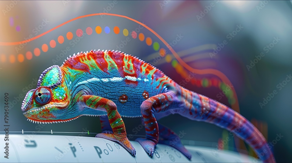 A colorful chameleon climbing up a graph that illustrates an ...