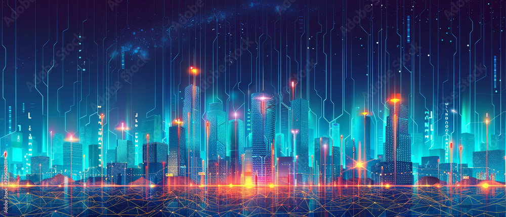 Smart city illustration showing connected infrastructure like roads ...