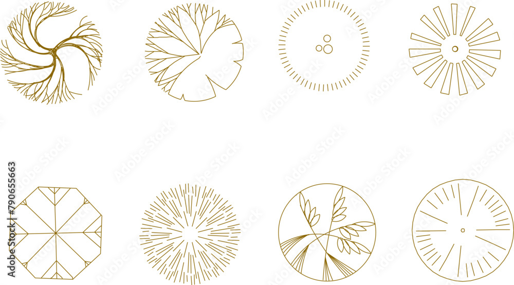 Vector sketch illustration of tree and plant designs seen from above to ...