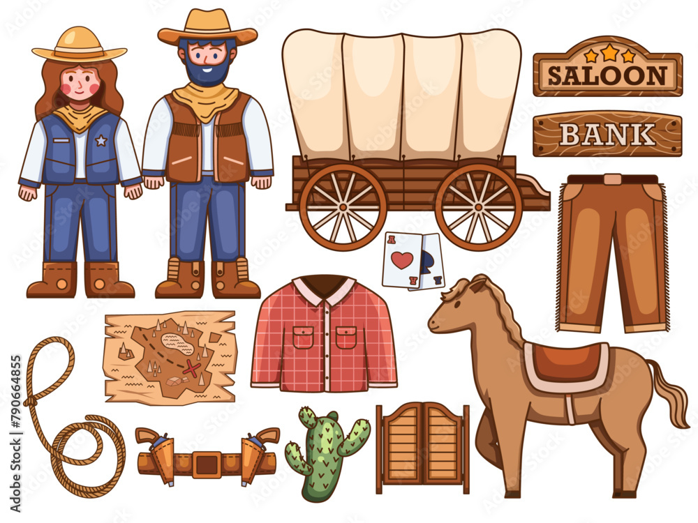 Wild West illustration cartoon set featuring courageous cowboys ...