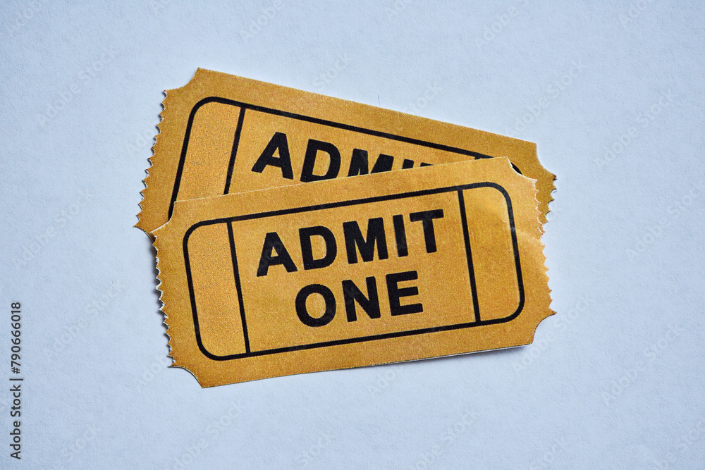 Cinema, entertainment and movie ticket against white background for ...