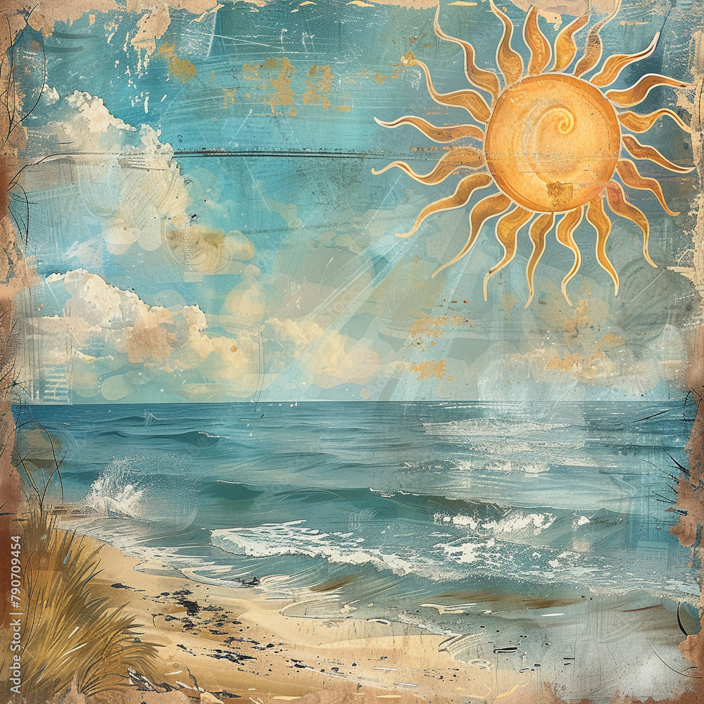 Artistic interpretation of a beach background with a hand-drawn sun ...