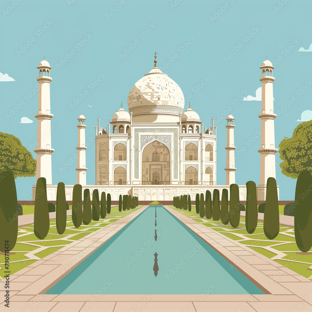 copy space, simple vector illustration, cartoon style, The Taj Mahal ...