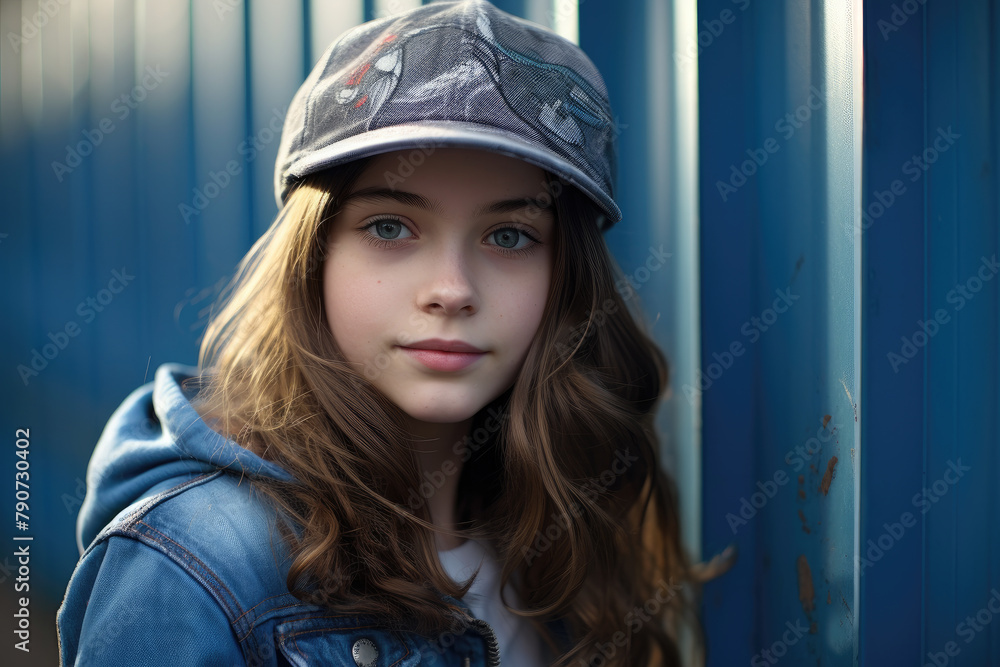 Youthful Teenage Girl with Long Brown Hair in Baseball Cap and Denim ...