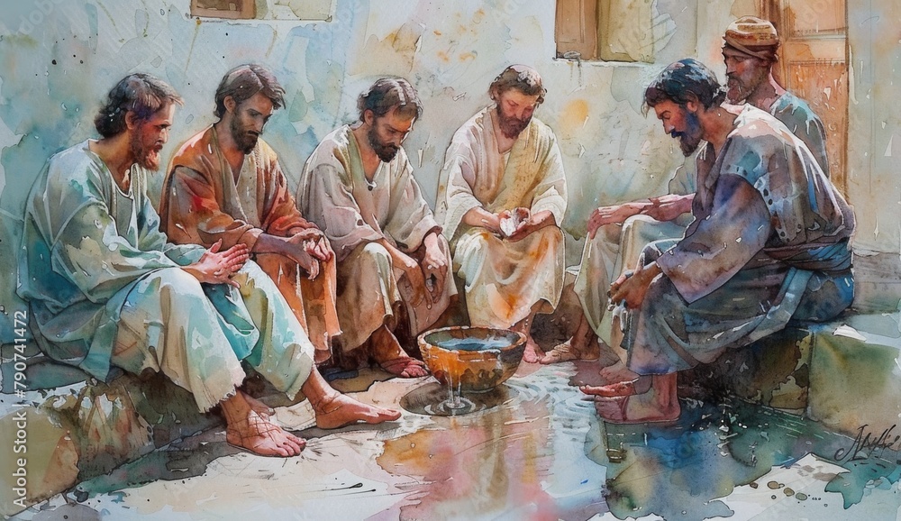 Watercolor art depicting Jesus humbly washing the feet of his disciples ...
