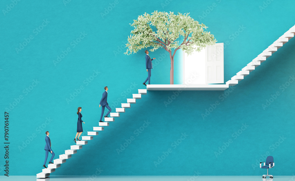 Business people walking up stairs to the green tree and open door ...