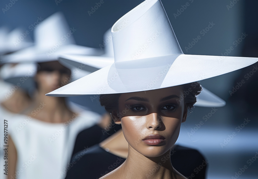 A minimalist fashion runway show with models wearing sleek and modern ...