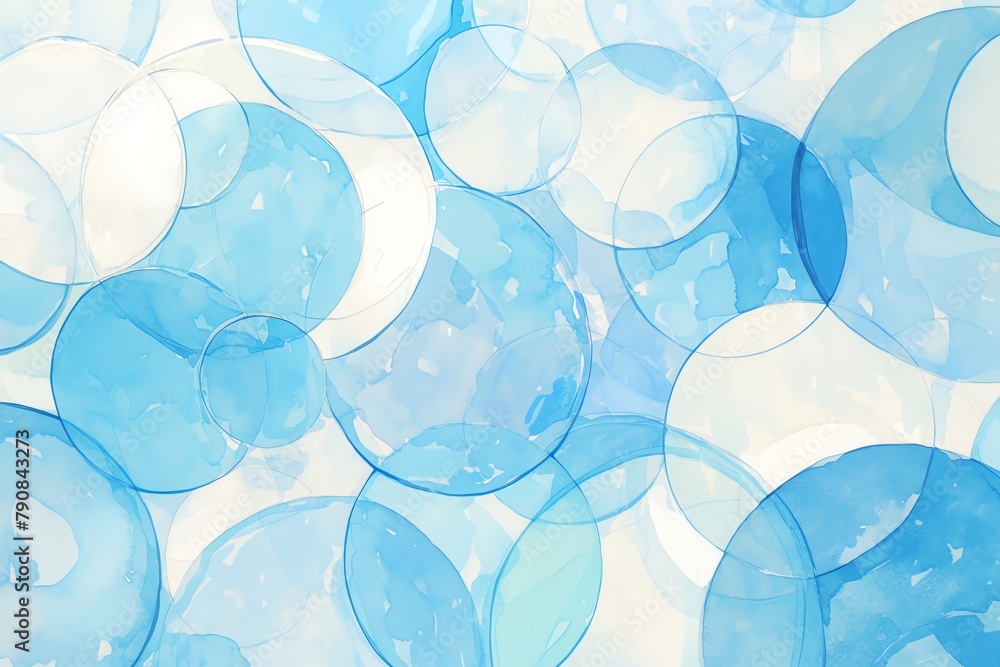 A serene portrayal of overlapping circles forming a bubble pattern, translucent blues and soft ...