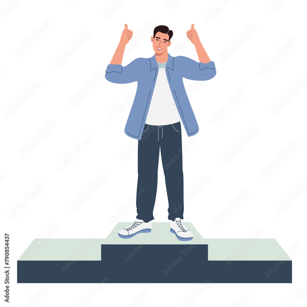 Successful deal concept. Task job done. Happy male character raises ...