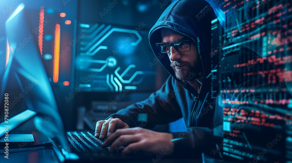 Hacker in hat, man with hidden face, accesses personal information on ...