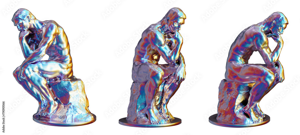 The Thinker Rodin statue from different angles in iridescent chrome ...