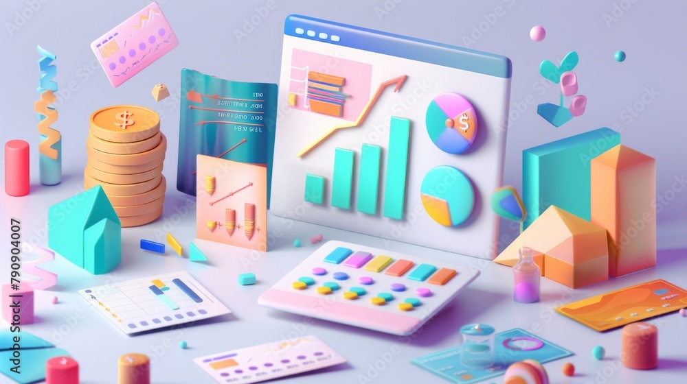 Financial report concept 3D illustration. Icon composition with dashboard with data charts ...