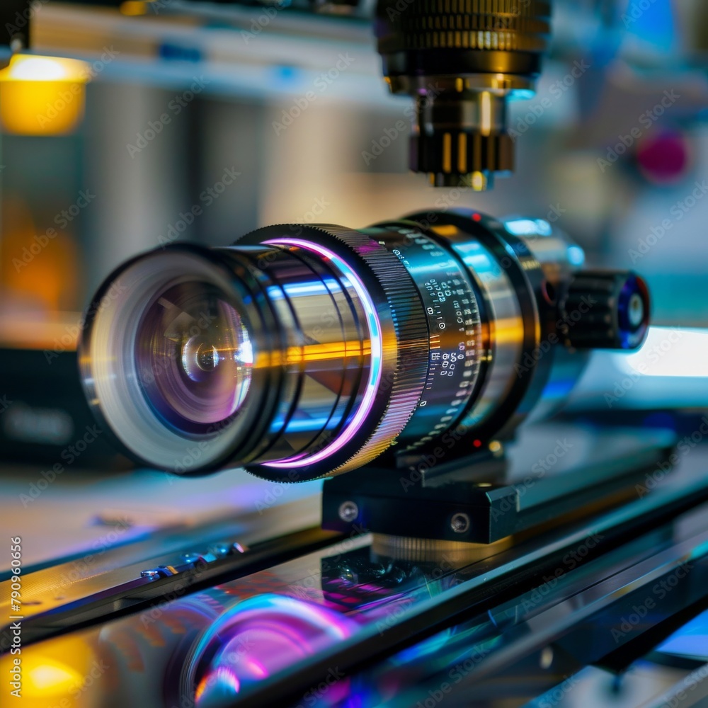 Detailed examination of a zoom lens in a lab highlighting the optical ...