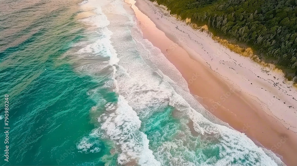 Drone camera top view at white sand beach and green ocean waves. Top to ...