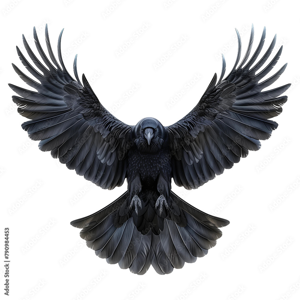 A black crow is flying in the air with its wings spread wide isolated ...