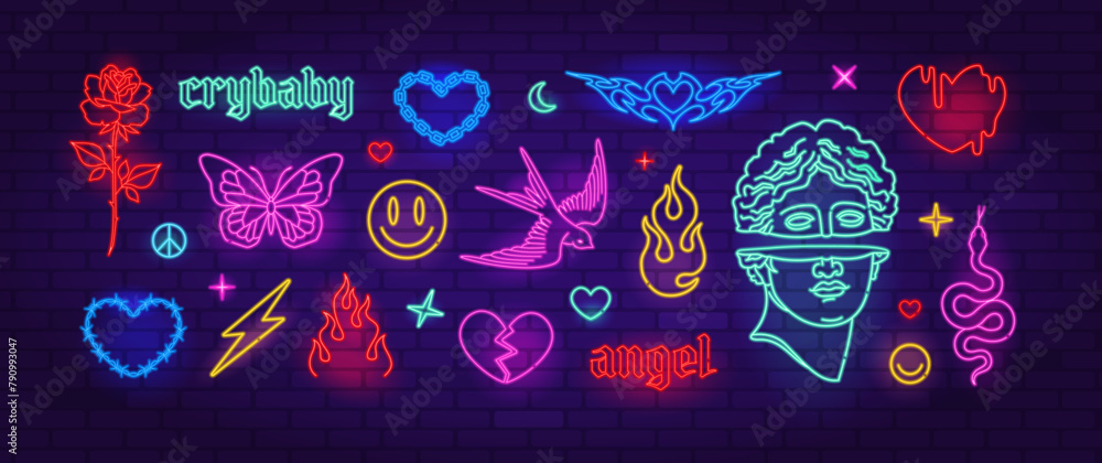 Y2k fashion Neon Sign set on brick wall background. Pop Art Neon icons ...