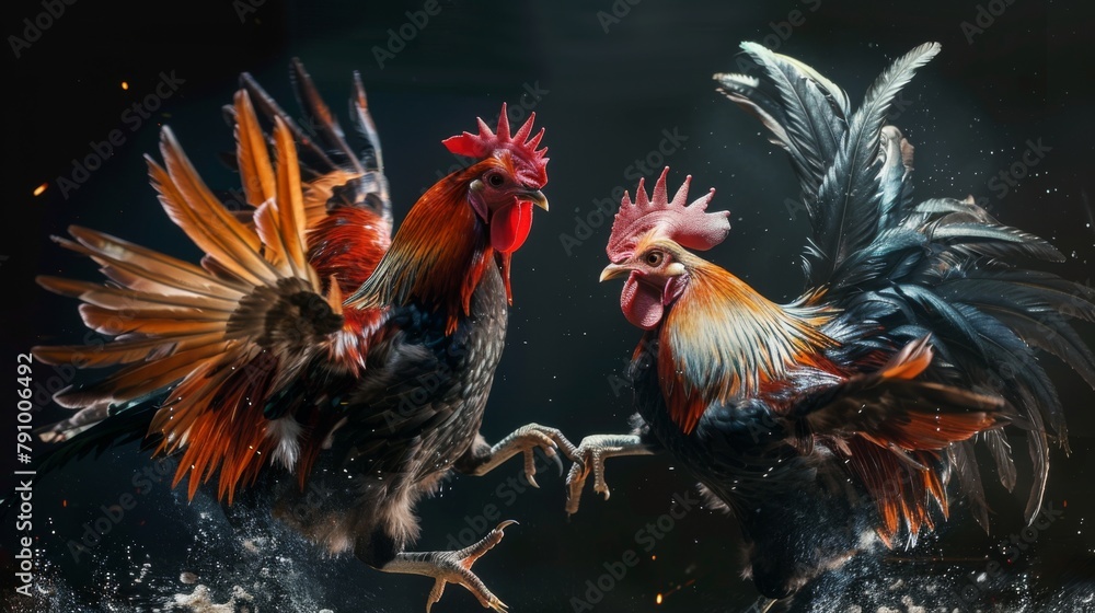 Two fierce roosters locked in combat, feathers flying amidst the ...