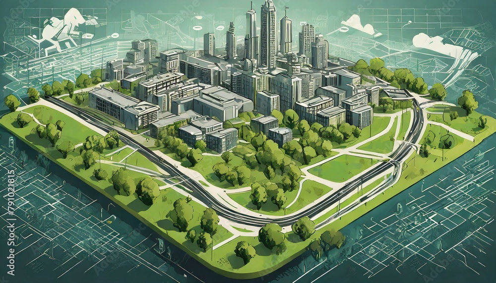 detailed, technical blueprint showcasing urban planning and city zoning ...