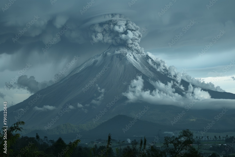 Volcanic eruption volcano erupting with smoke ashes old mountain peak ...