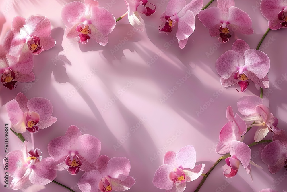 Flower frame of Orchid orchids on a light purple background, Soft ...