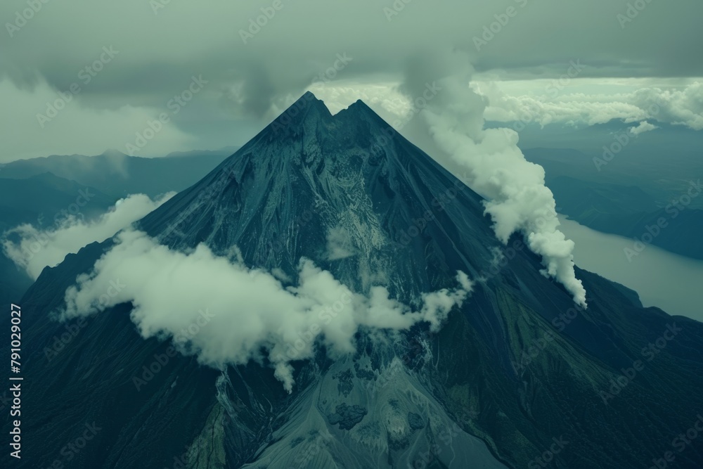 Volcanic eruption volcano erupting with smoke ashes old mountain peak ...