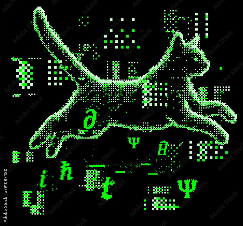 Vector illustration of Schrodinger cat in pixel art futuristic style. The concept of virtual ...